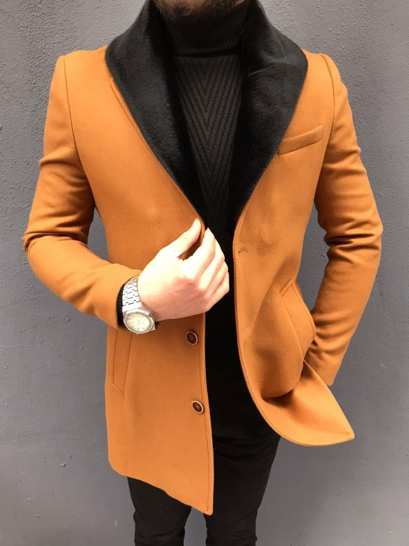 PTTAVM: Bycool Slim Fit Kürklü Yaka Tarçın Rengi Erkek Kaban