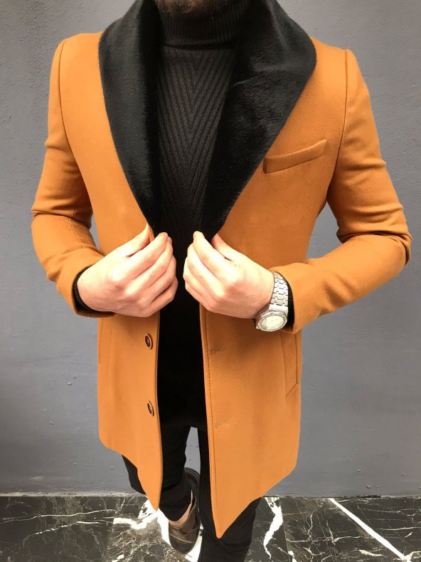PTTAVM: Bycool Slim Fit Kürklü Yaka Tarçın Rengi Erkek Kaban